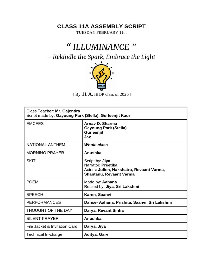 Class 11A Assembly: Illuminance Theme | PDF | Light | Helen Keller