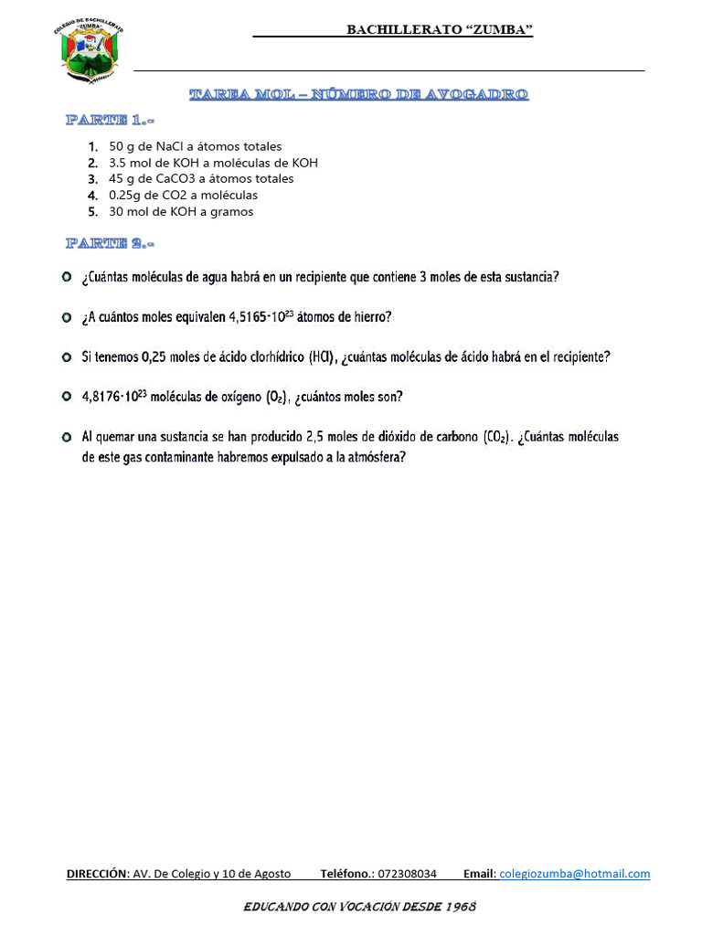 Tarea Mol-Número de Avogadro | PDF