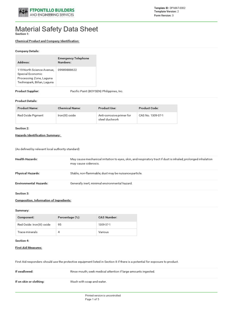 Chemical Data Sheet - Red Oxide | PDF | Occupational Safety And Health ...