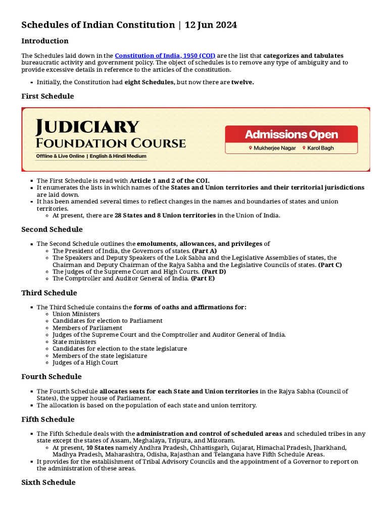 Overview of Indian Constitution Schedules | PDF | Government ...