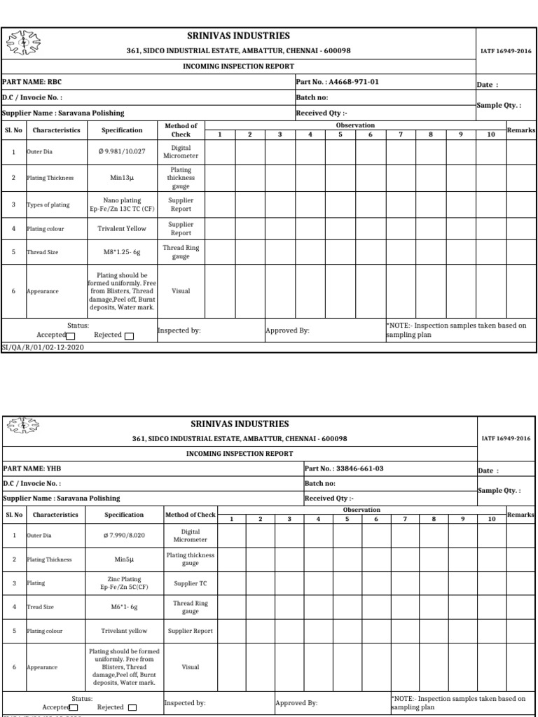 Incoming Inspection Format (Platting) | PDF
