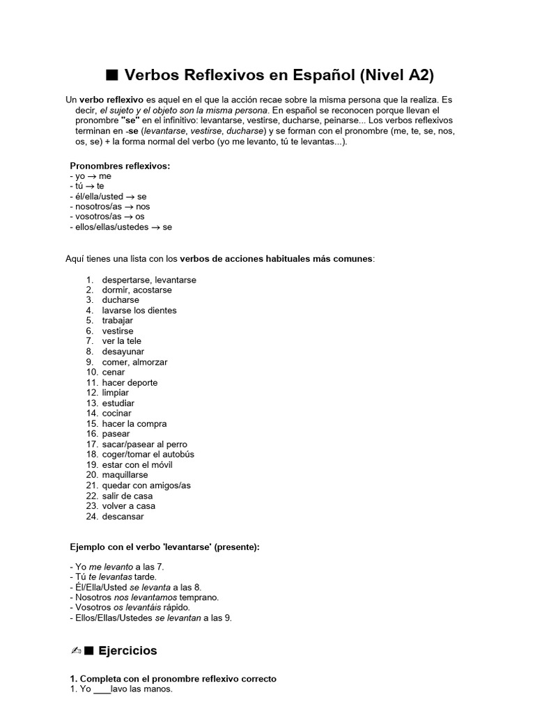 Verbos Reflexivos A2 | PDF | Verbo | Sintaxis