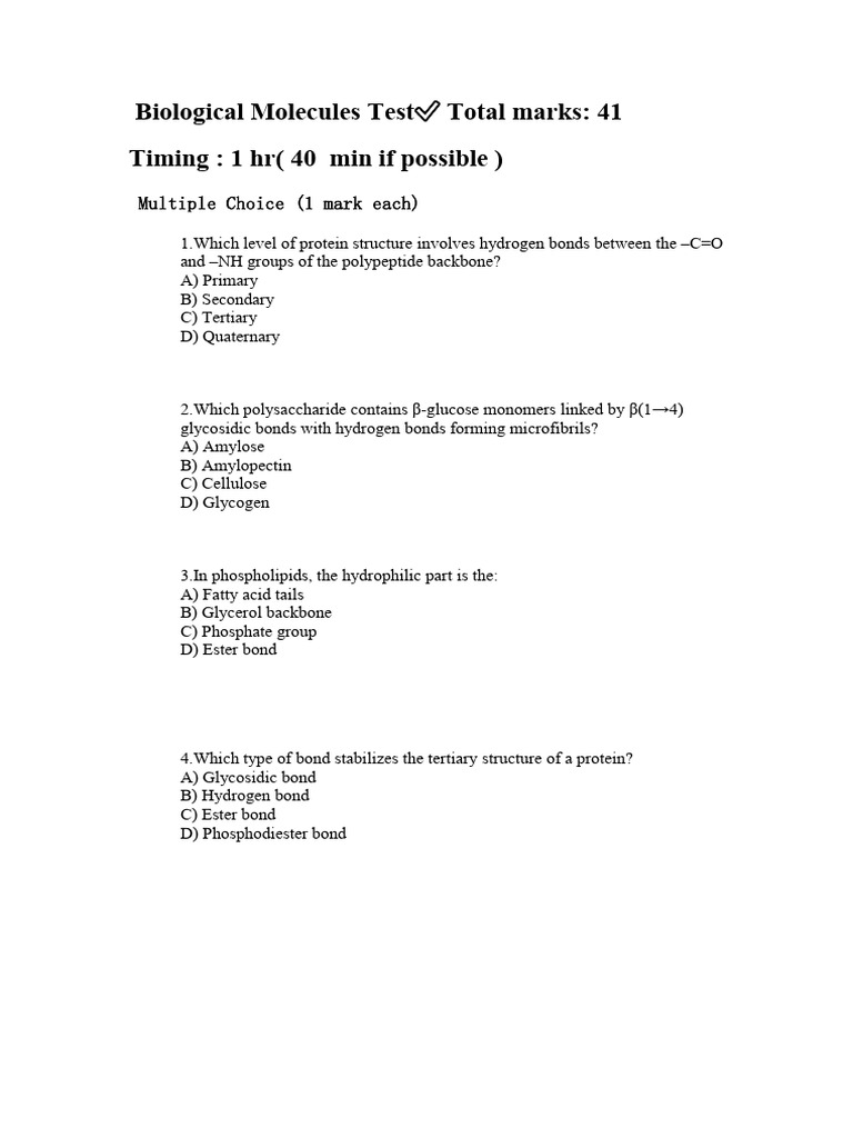 Biological Molecules Test Questions | PDF | Biomolecules | Natural Products