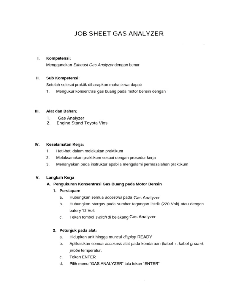 Job Sheet Gas Analyzer | PDF