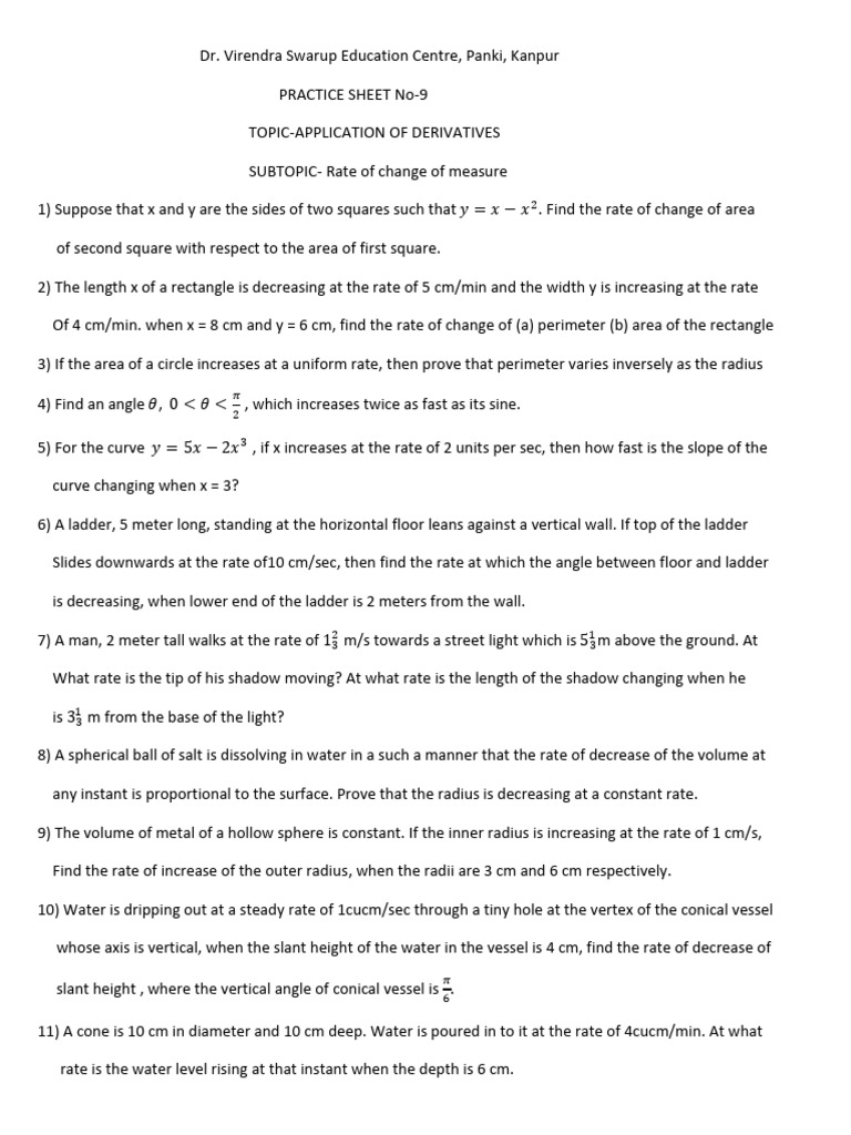 Practice Sheet Application of Derivatives (Rate of Change) | PDF | Area ...