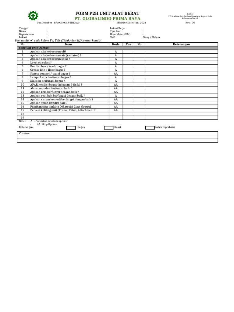 Formulir P2H Alat Berat PT Sembilan Tiga | PDF