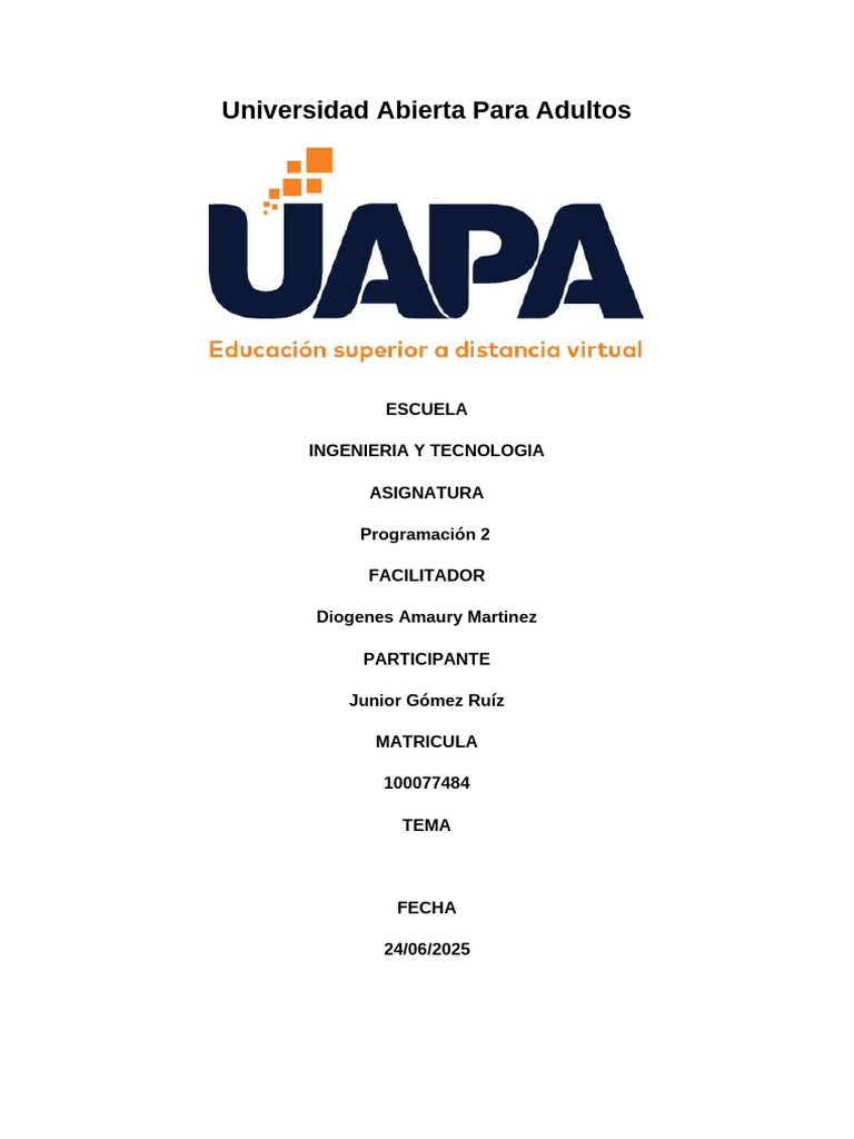 Tarea 2 Programación 2 Espacio para Subir Asignación de La Unidad VII ...