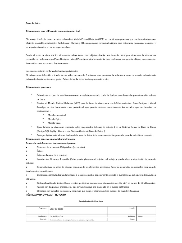 Orientaciones Del Proyecto Final de Base de Datos | PDF | Bases de datos | SQL