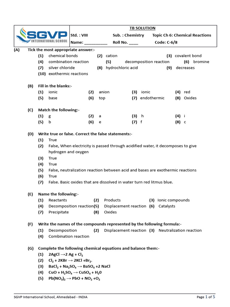 8 - Chem - TB Sol - CH 6 Chemical Reactions | PDF | Chemical Reactions ...