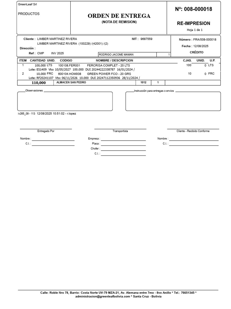 Nota de Remision 08-018 | PDF