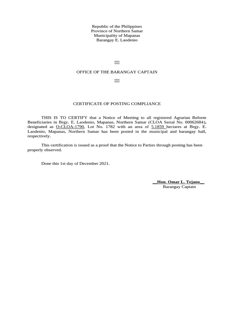 Certificate of Posting Compliance 186 Has | PDF