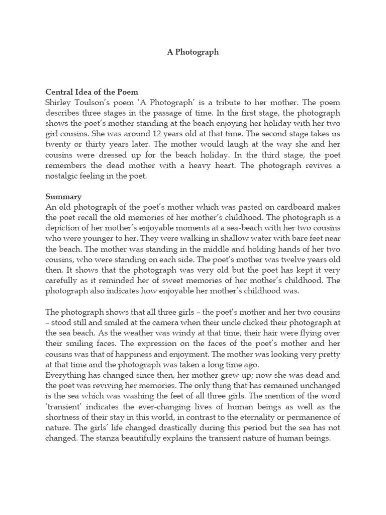 Poetic Devices in Shirley Toulson's Photograph | PDF | Poetry