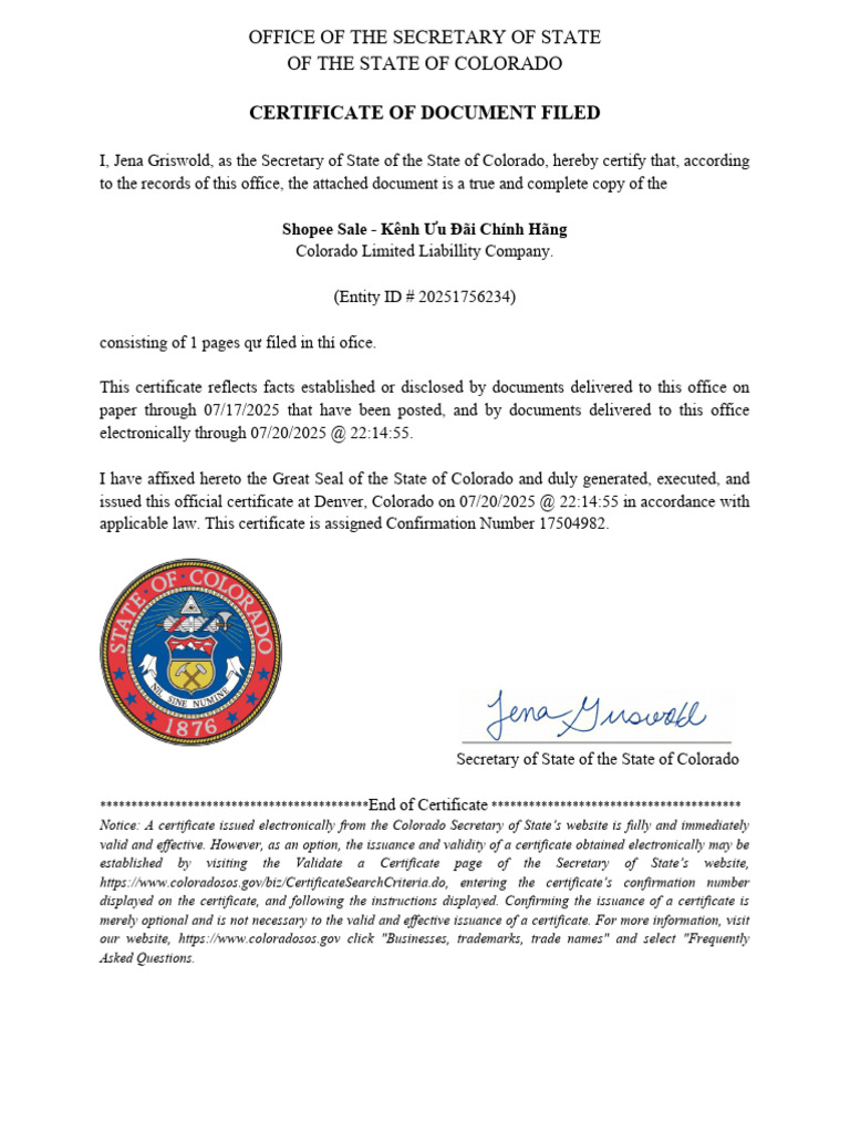 Certificate of Document Filed: Shopee Sale - Kênh Ưu Đãi Chính Hãng ...