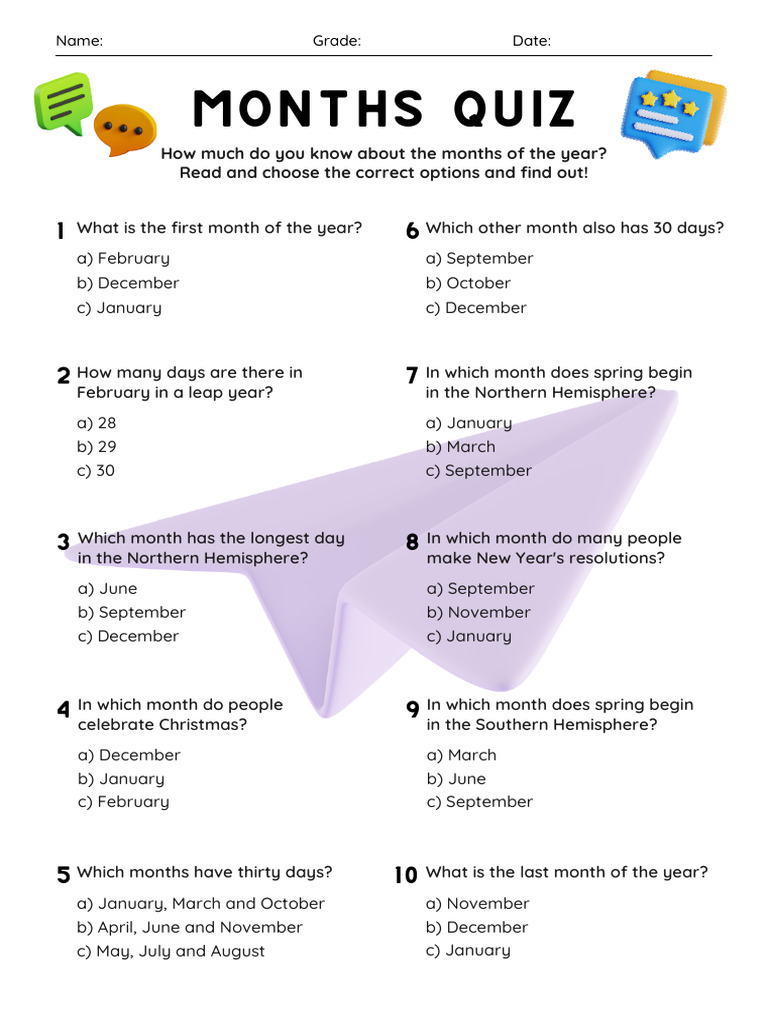 Months of the Year Quiz | PDF
