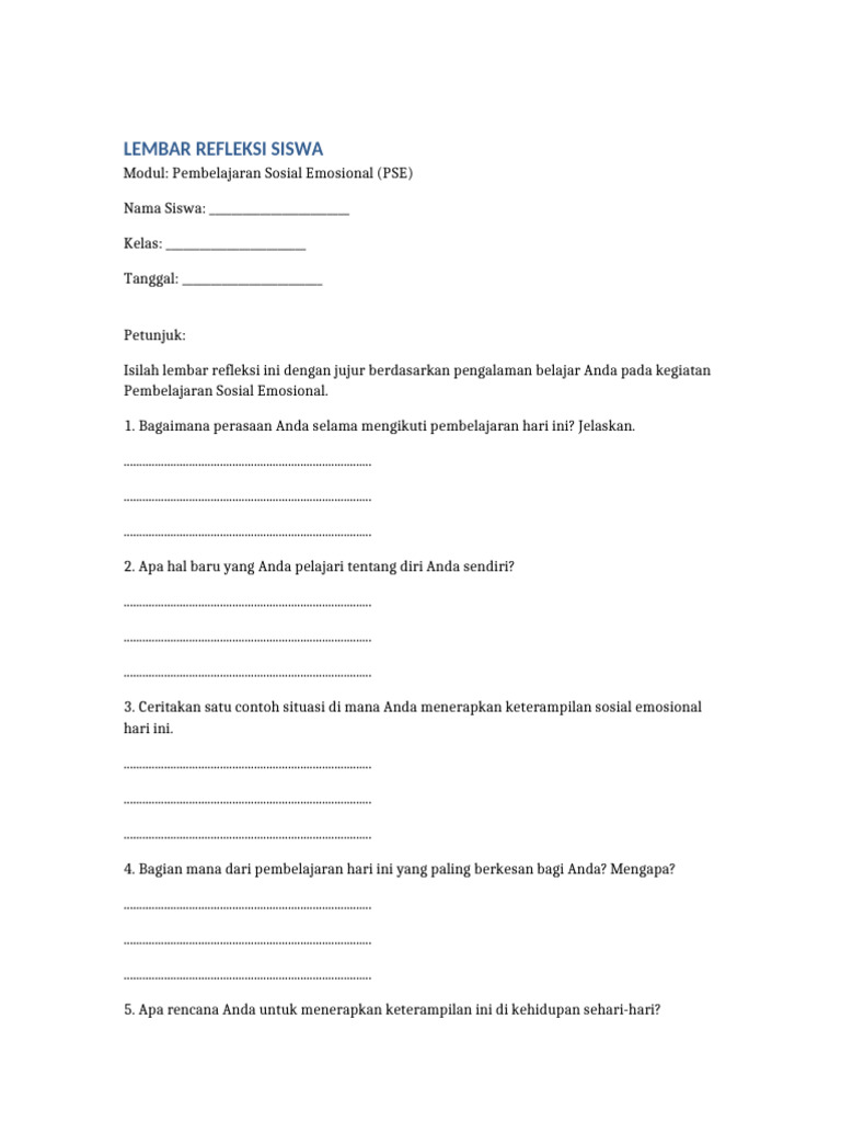 Lembar Refleksi Siswa PSE | PDF