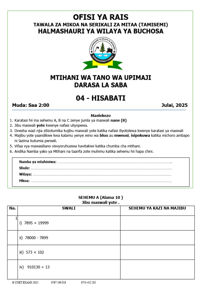 Hisabati 7 Unet - Buchosa Paper 5 | PDF