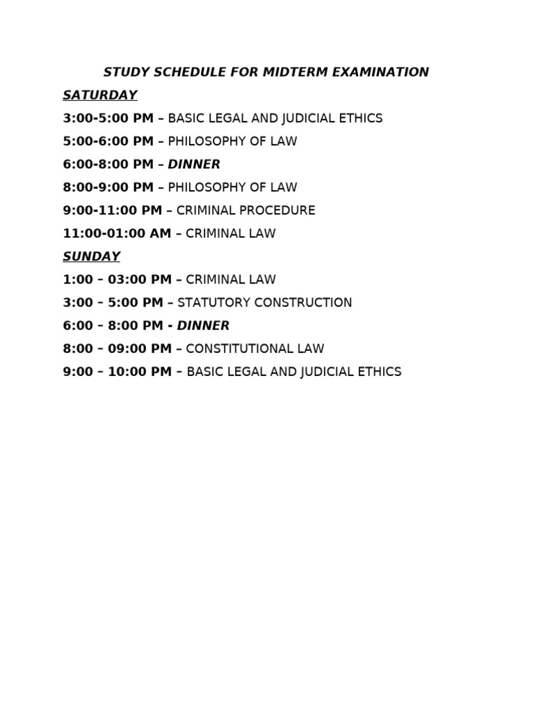 Study Schedule For Midterm Examination | PDF