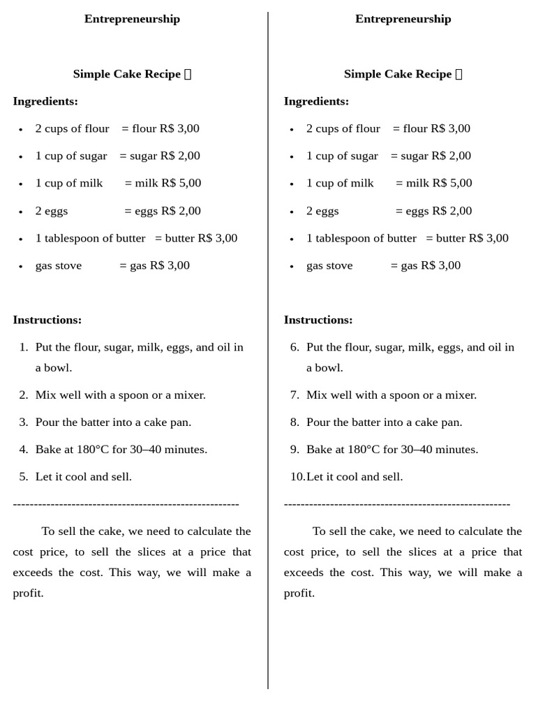 Simple Cake Recipe for Profit | PDF