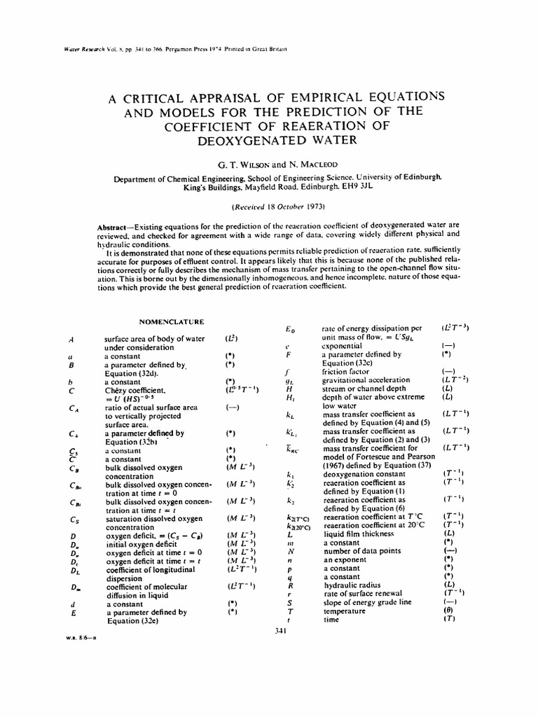 Reevaluation of Reaeration Coefficient Models | PDF | Observational ...
