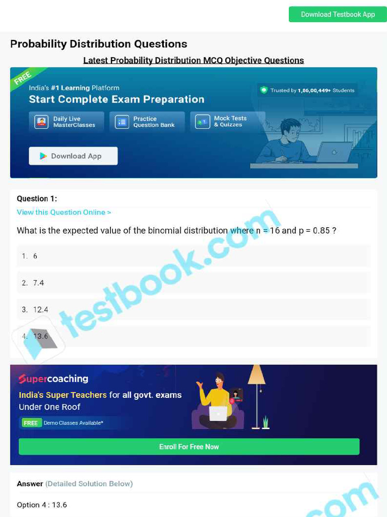 Mcq on Probability Distribution 5fc4299937912d6418297b80 | PDF