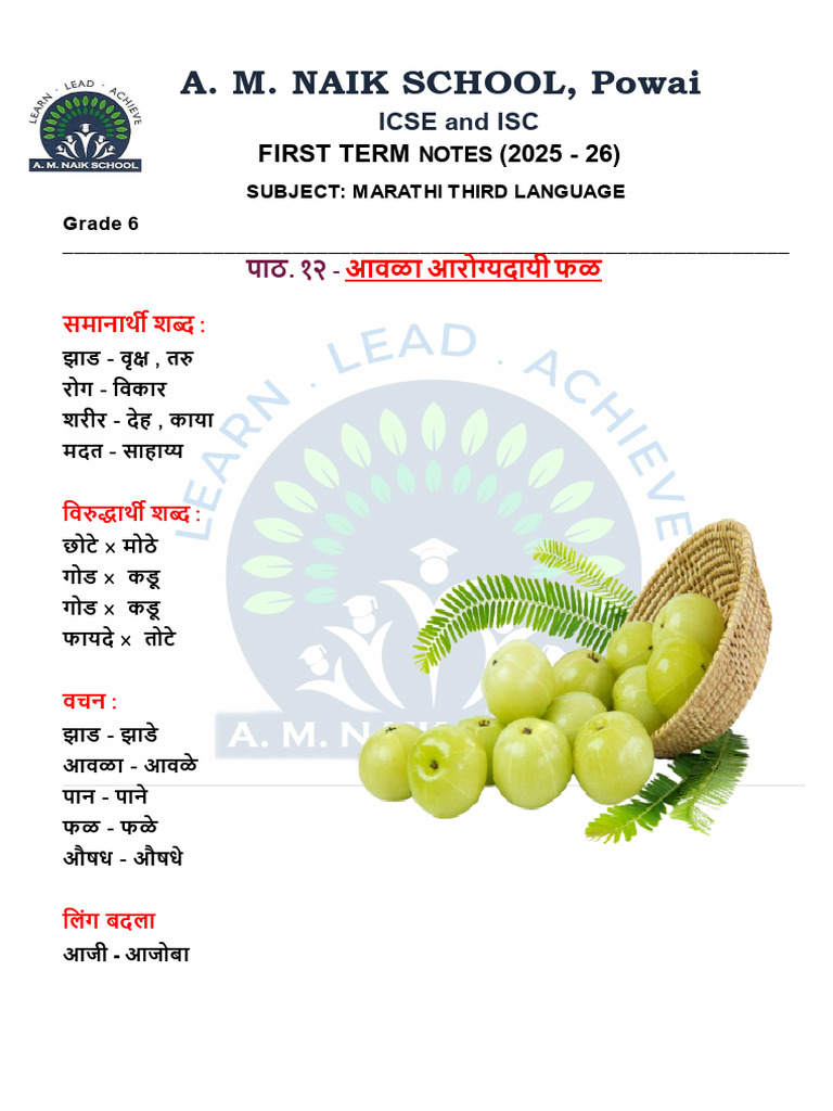Marathi TL Grade 6 Notes 1st Term 2025-26 | PDF