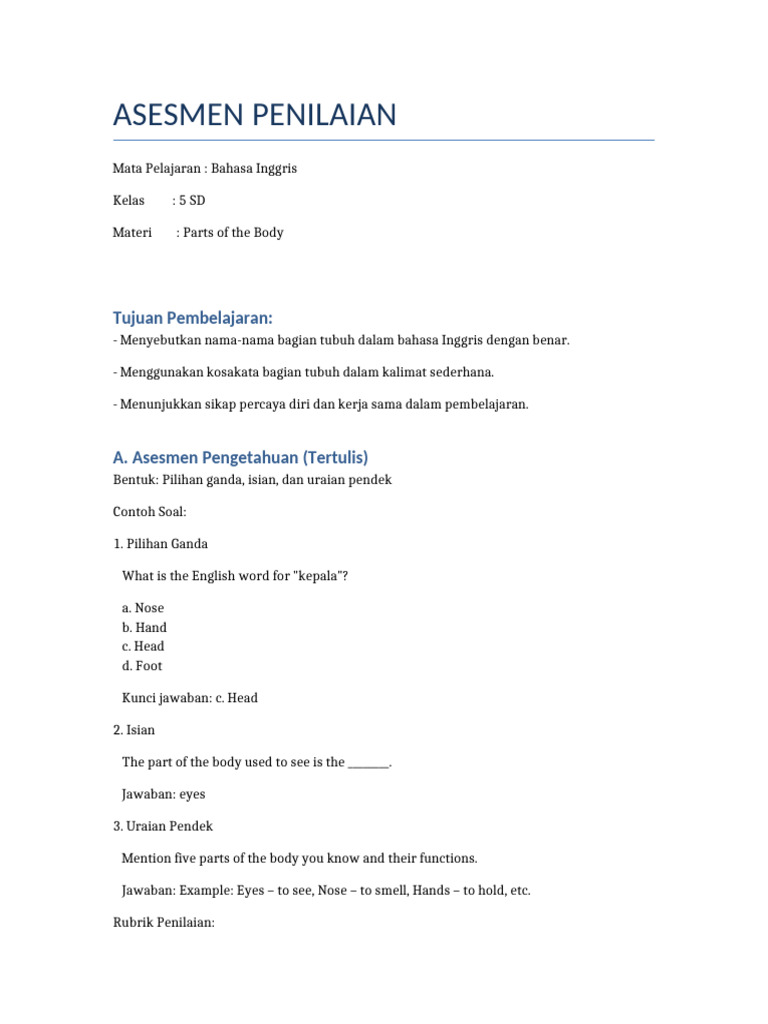 Asesmen Parts of Body Kelas 5-1 | PDF