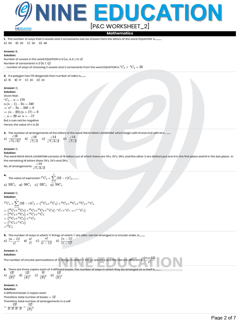 [p&c Worksheet 2]Solutions | PDF | Elementary Mathematics | Arithmetic