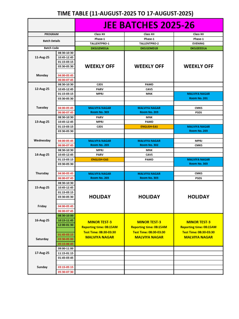 Class XII Time Table: Aug 11-17, 2025 | PDF