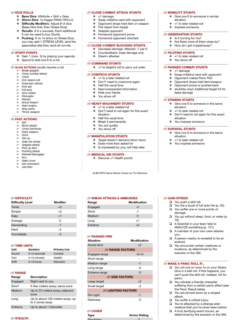 Alien RPG Cheat Sheet 01 | PDF