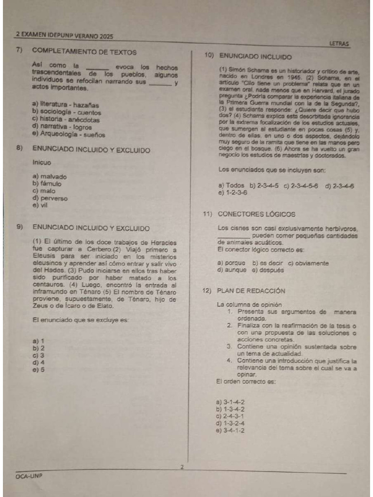 2 Examen Letras Idepunp-Enero Marzo Verano 2025 | PDF
