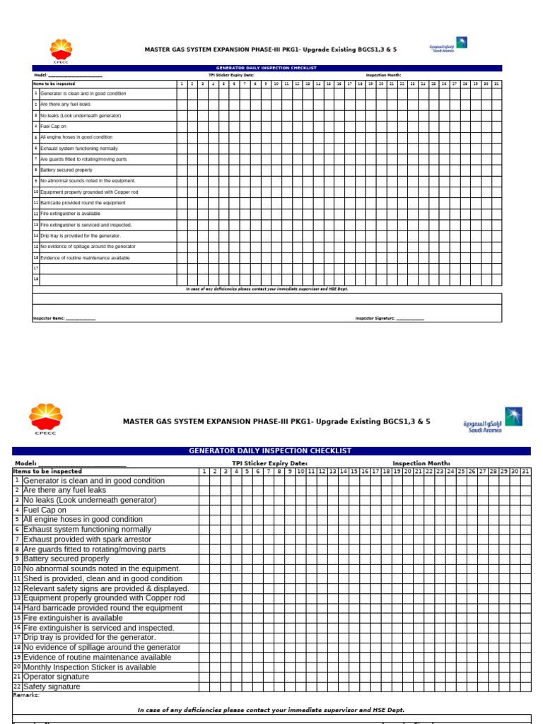 Generator Daily Inspection Checklist | PDF