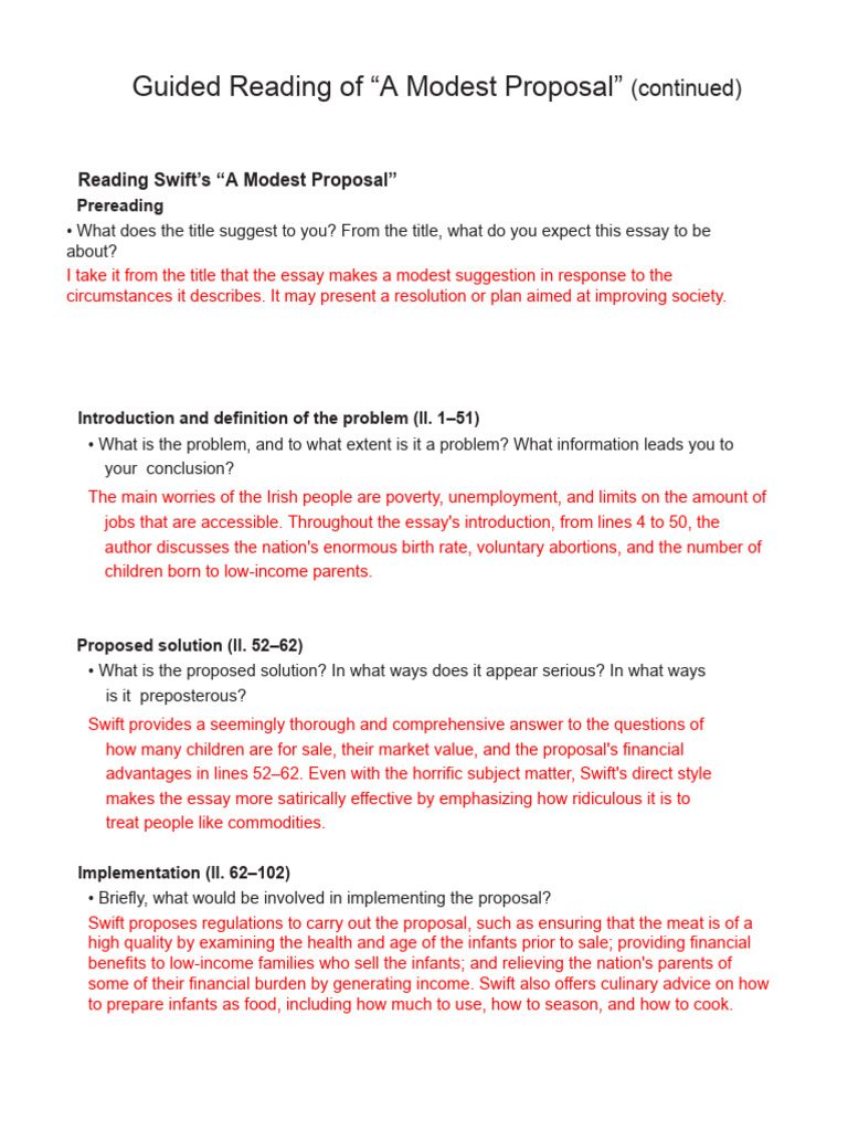 A Modest Proposal Guided Reading | PDF | Essays | Economies