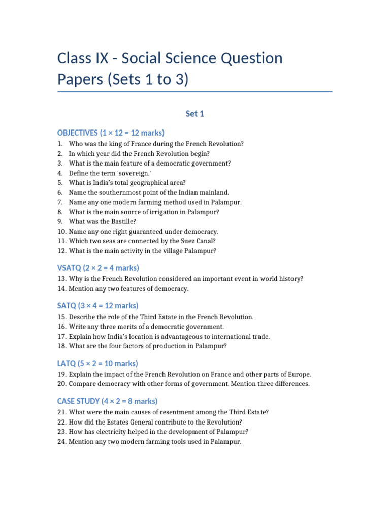 Class_IX_Social_Science_Question_Papers_Sets_1_to_3 | PDF | Democracy | Political Ideologies