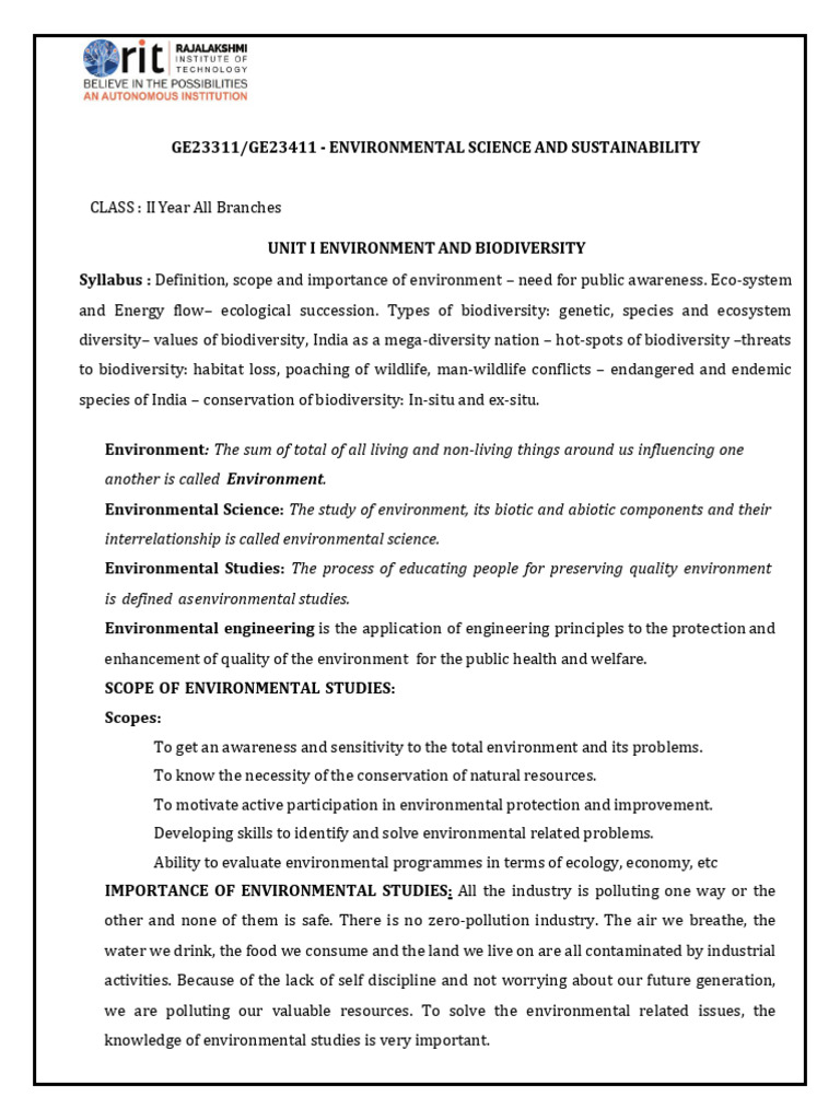 Unit 1 Environment and Biodiversity | PDF | Ecosystem | Endangered Species