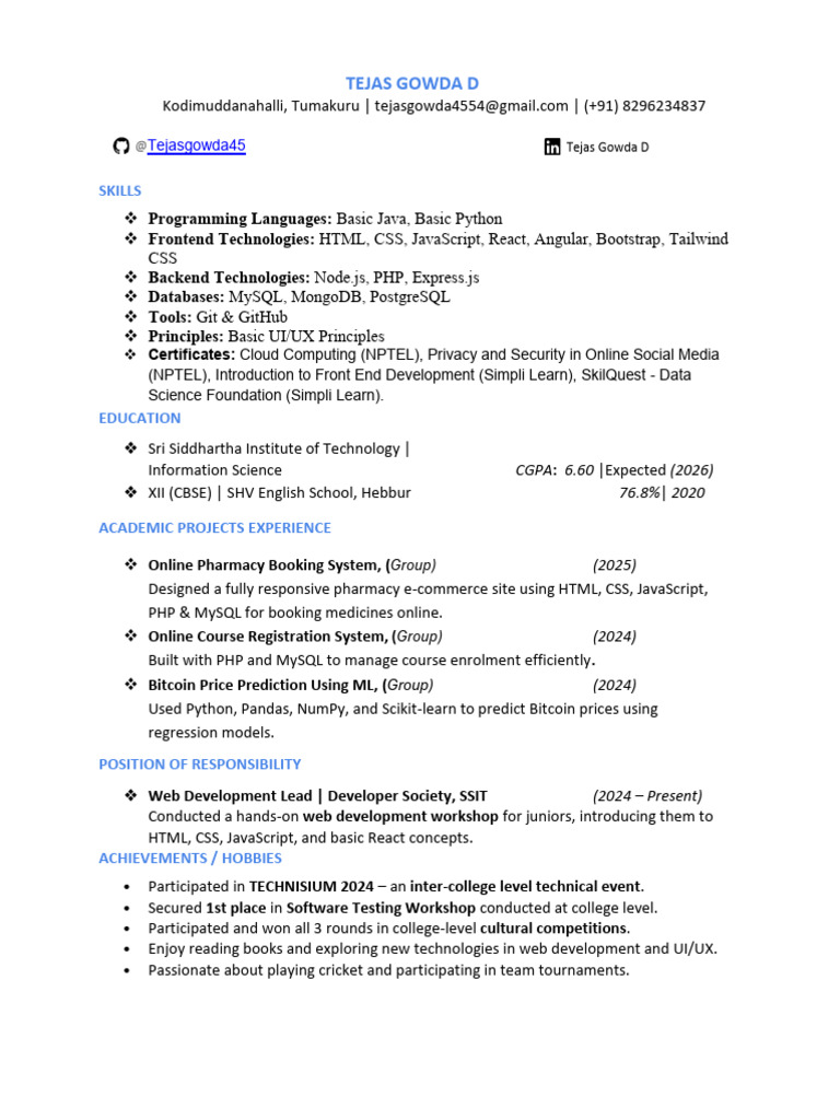 Tejas Gowda Resume 2025 | PDF