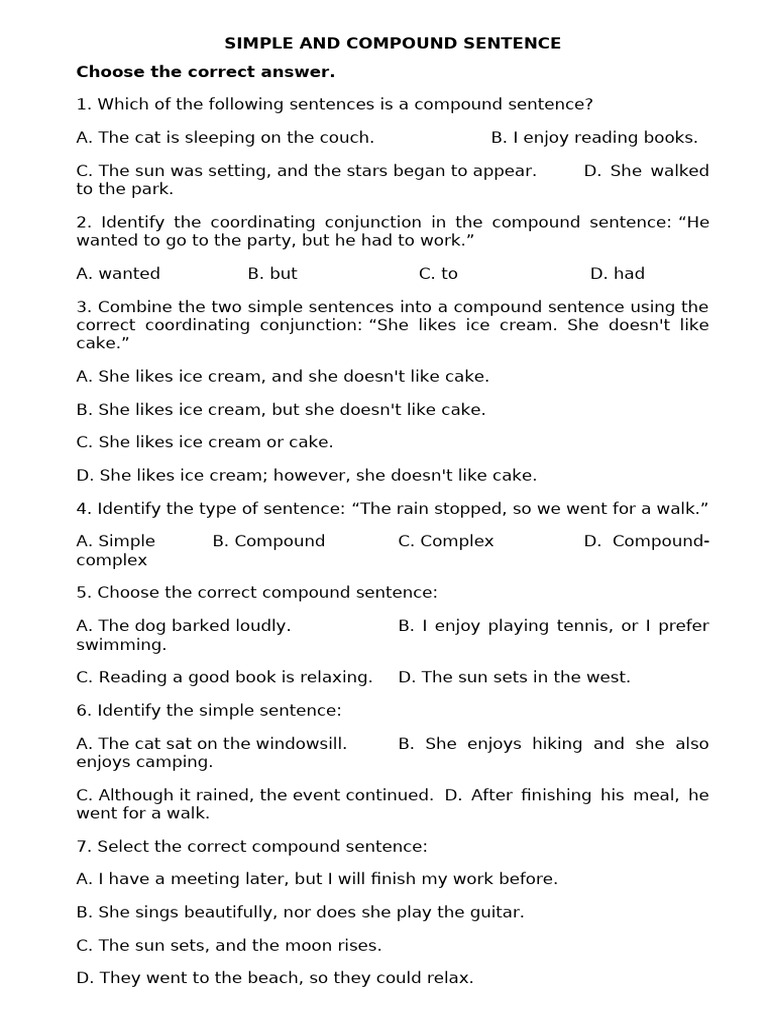 Exercise-Simple and Compound Sentence | PDF