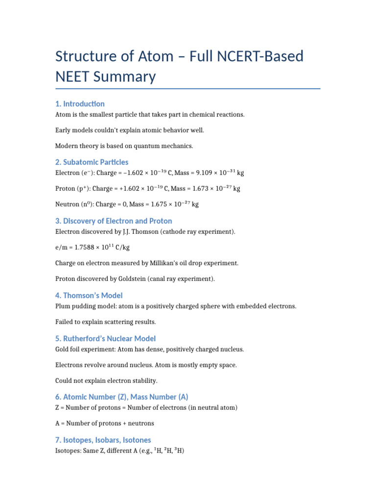 Structure_of_Atom_NEET_Summary | PDF | Atoms | Electron