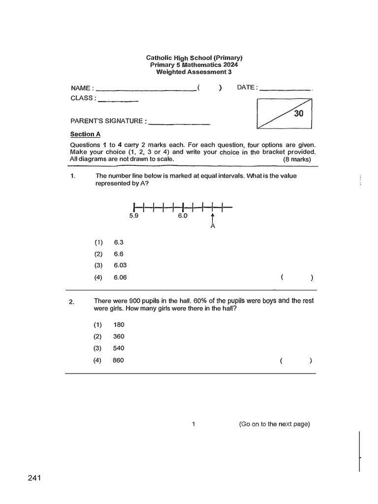 P5 Maths 2024 WA3 Catholic High SG Test Papers | PDF
