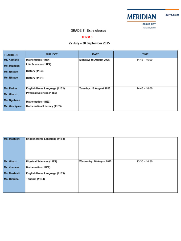 Grade 11 Extra Classes Schedule | PDF