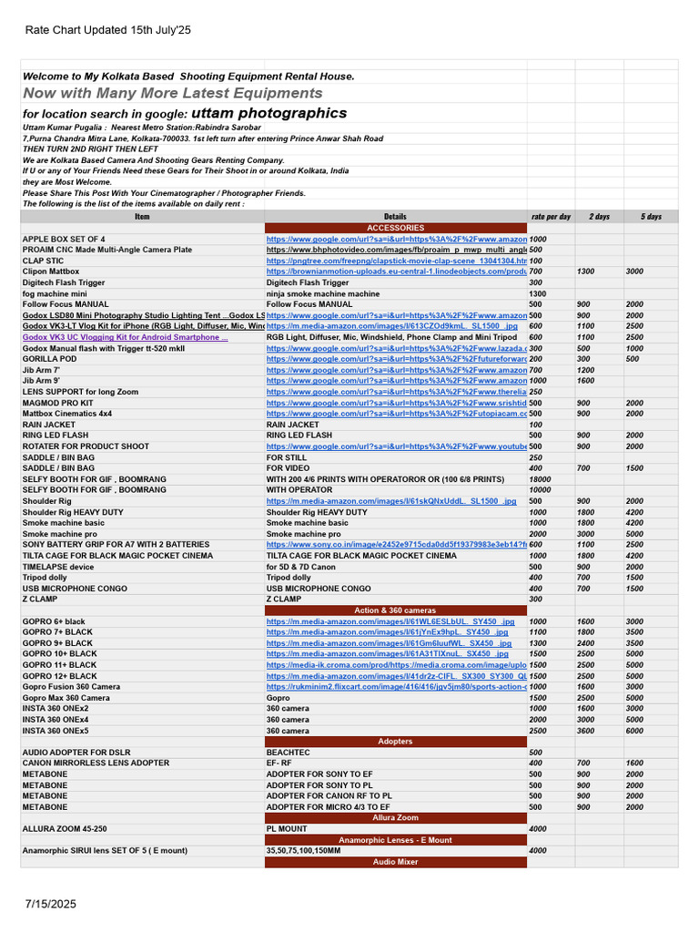 Kolkata Camera Rental Rates 2025 | PDF | Canon Eos | Digital Single ...