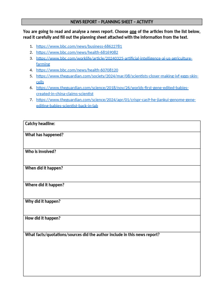 News Report - Planning Sheet | PDF