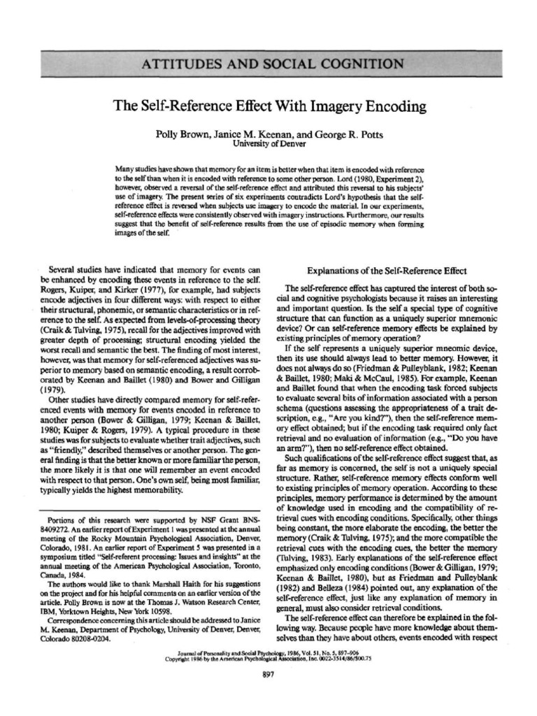 Brown - 1986 - The Self-Reference Effect With Imagery Encoding | PDF | Schema (Psychology) | Memory