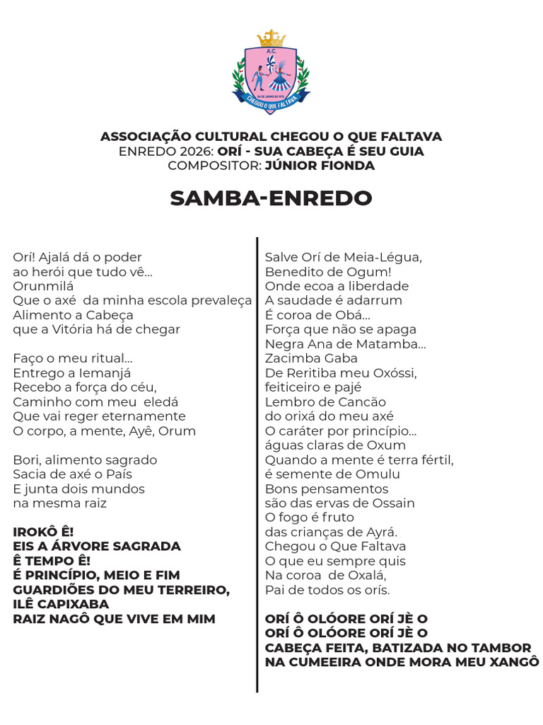Samba-Enredo 2026: Orí, Seu Guia | PDF