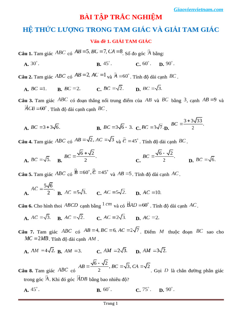 Trac Nghiem He Thuc Luong Va Giai Tam Giac | PDF