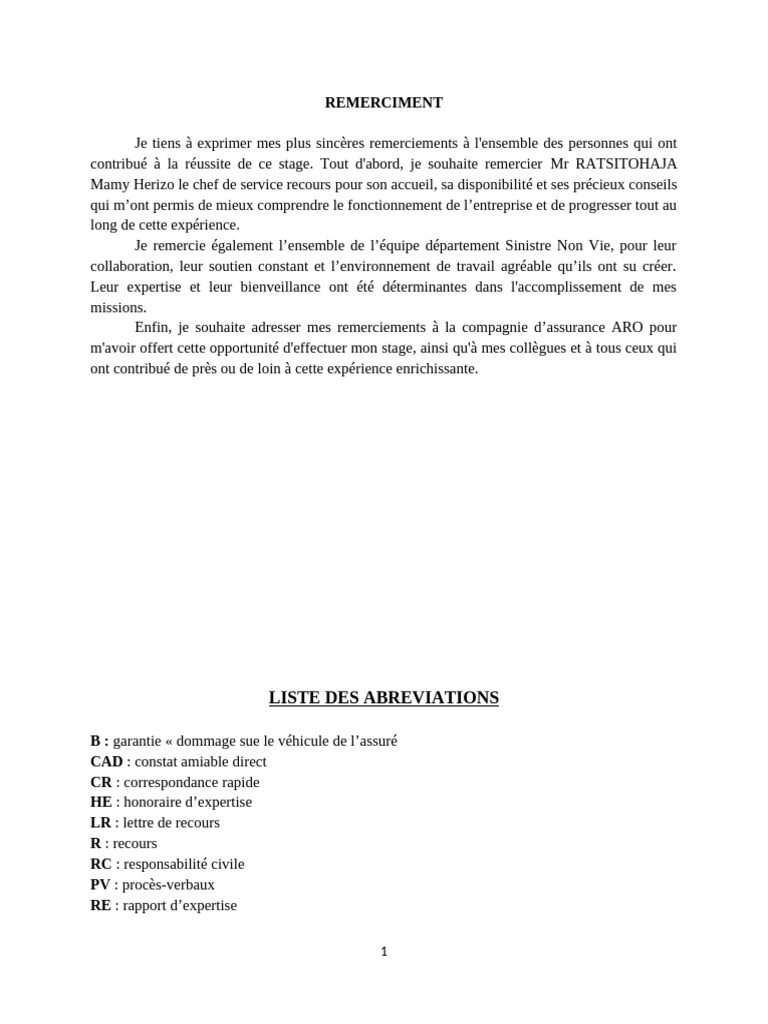 Remerciements pour le stage ARO | PDF | Assurance | Réassurance
