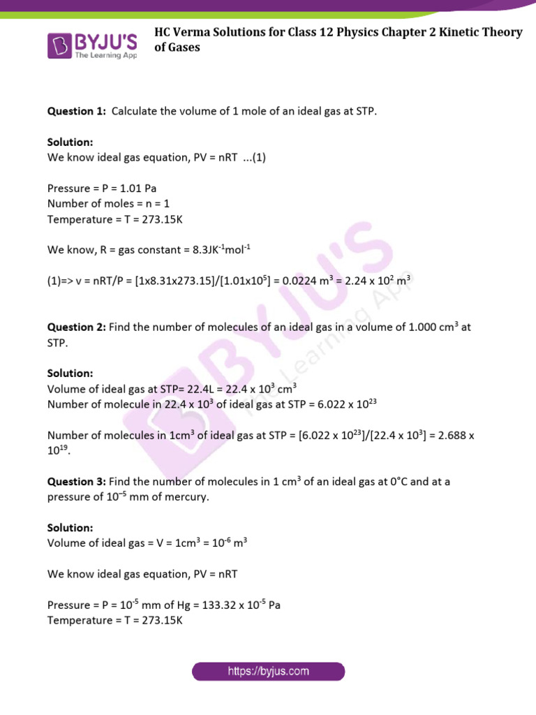 HC Verma Class 12 Physics Kinetic Theory Solutions | PDF | Gases | Mole ...