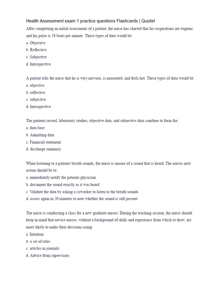 Health Assessment Exam 1 Practice Questions | PDF | Pain | Breastfeeding