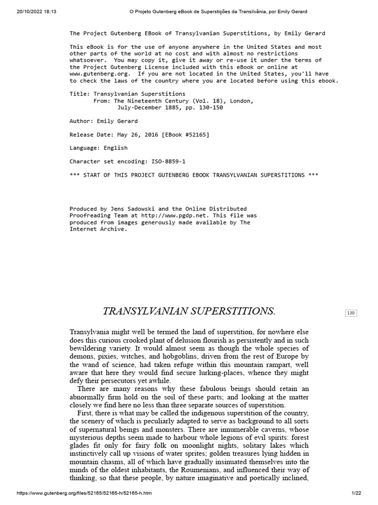 Superstições Da Transilvânia, Por Emily Gerard (Inglês) | PDF
