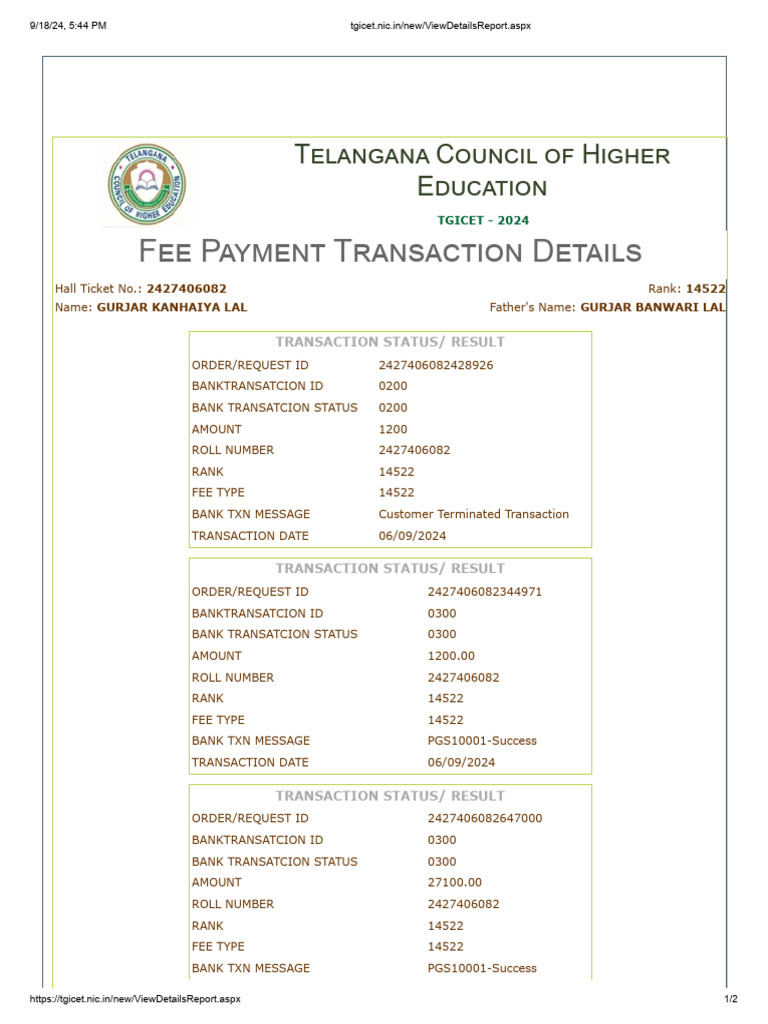 TGICET 2024 Fee Payment Summary | PDF | Payments | Banking Technology