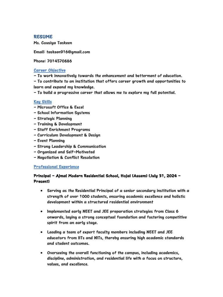 Taskeen Zaidi: Education Leadership Resume | PDF | Learning